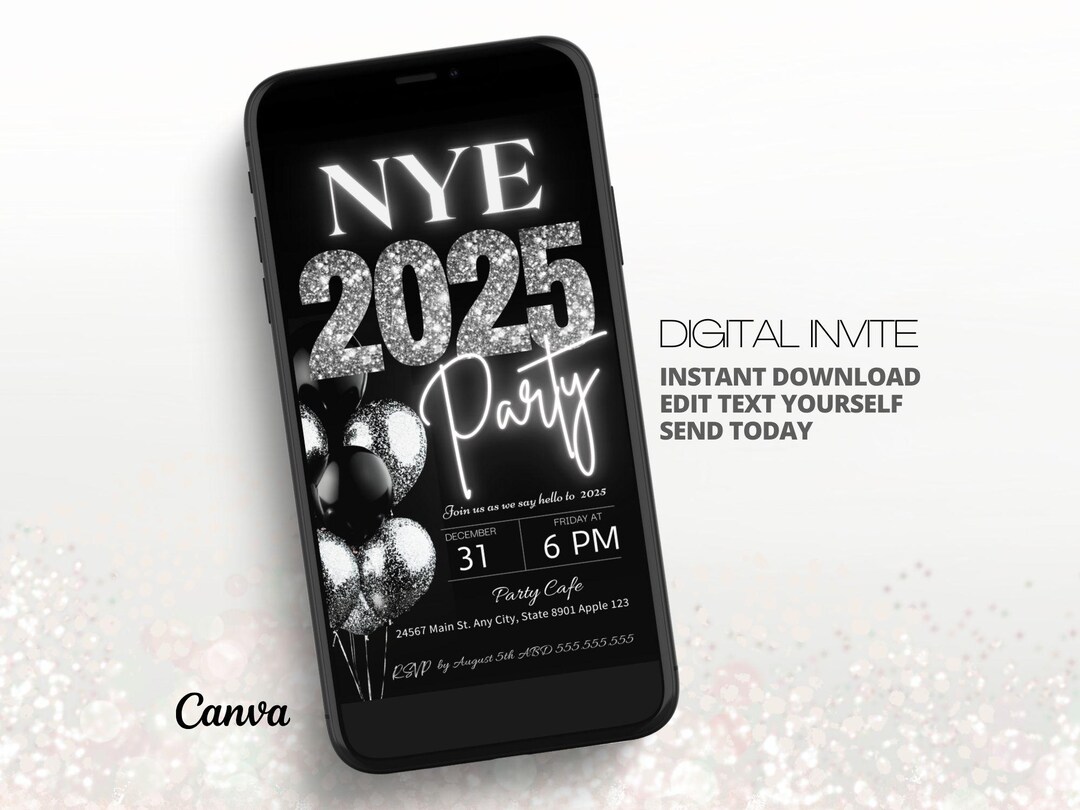 NYE 2025 Party Invitation, New Years Eve Invitation Template, Silver ...