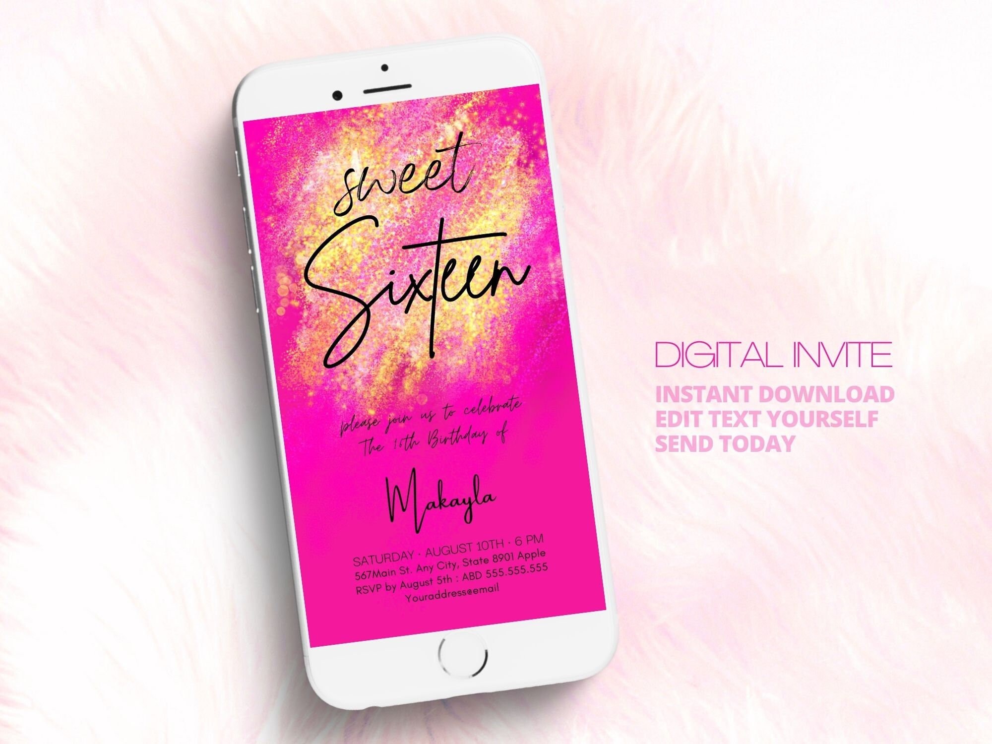 Sweet 16th Birthday Party Digital Invitation, Pink & Gold Sweet Sixteen ...