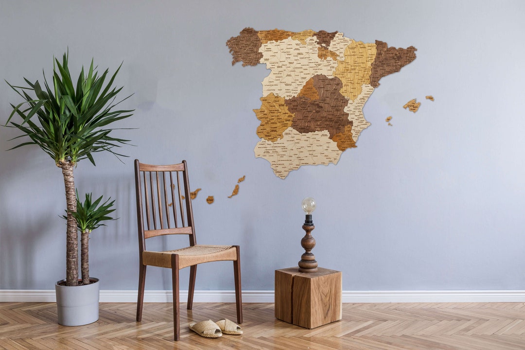Wooden Map of Spain – Engraved Cities, Roads, Borders - Large ...
