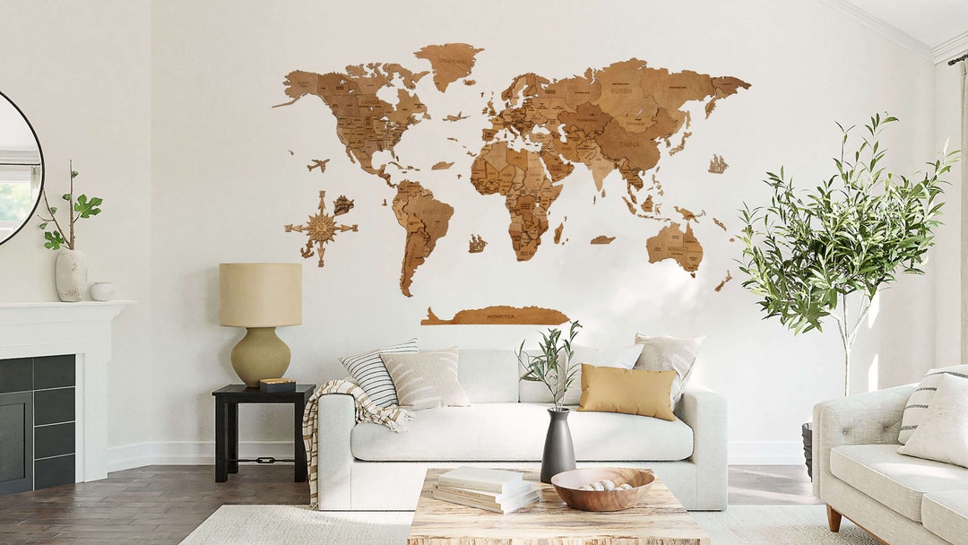 Wooden World Map Wall Decor WALNUT - 5th Wedding Anniversary Gift ...