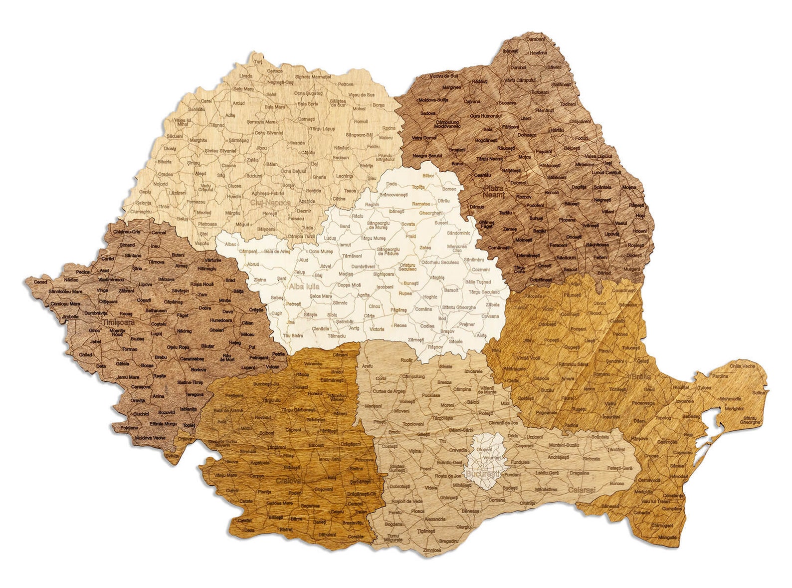 Romania Wooden Map – Engraved Cities, Roads, Borders - Large Multicolor ...