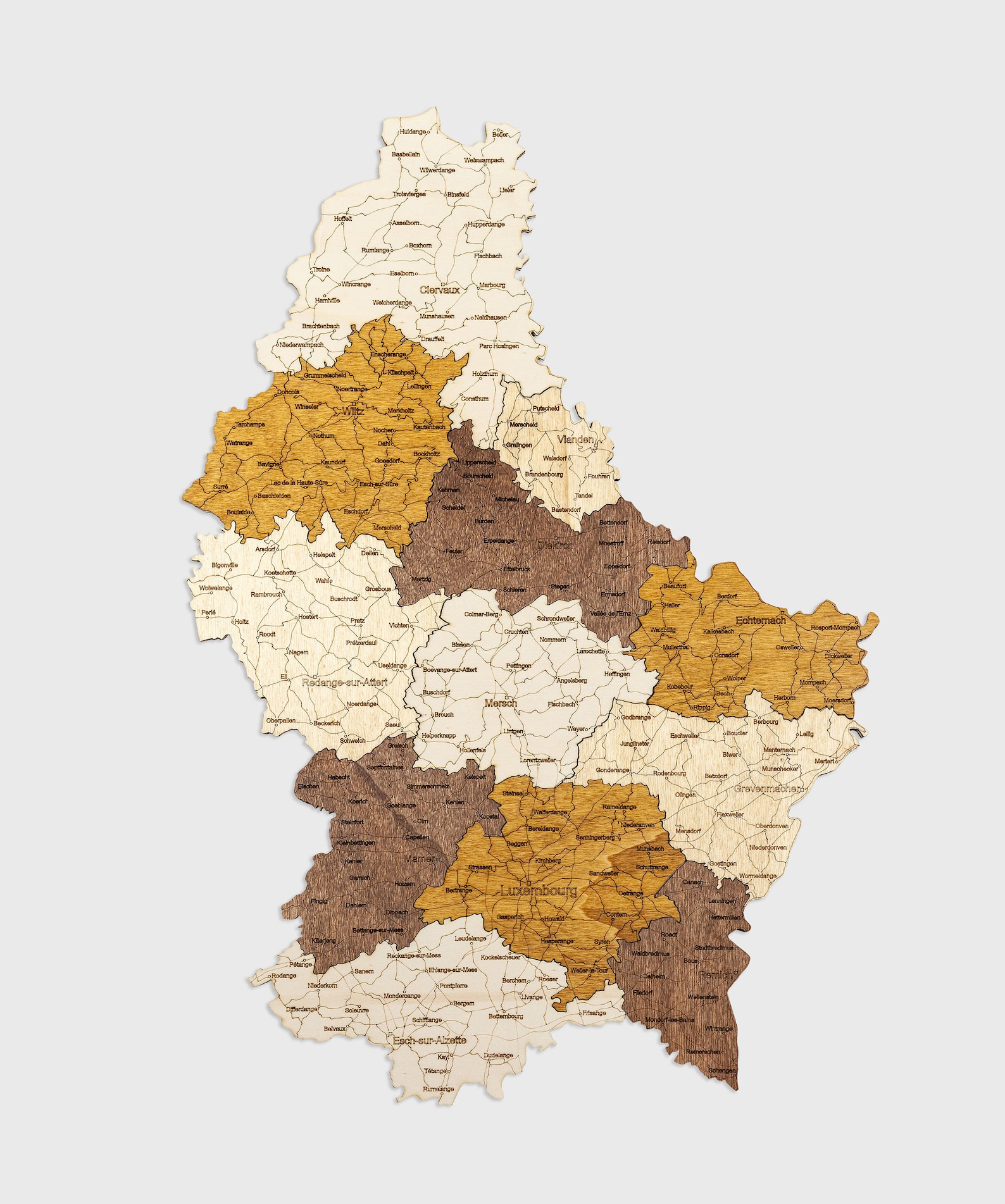 Wooden Map of Luxembourg – Engraved Names, Roads, Cities and Borders ...