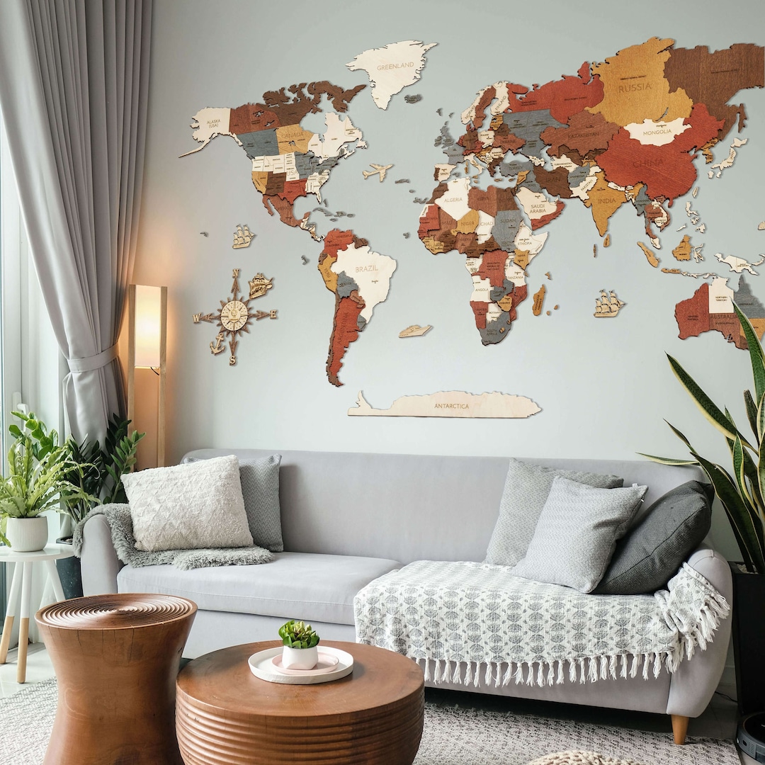 Wooden World Map Wall Decoration - Industrial Edition - No Duty/tax! 3D ...