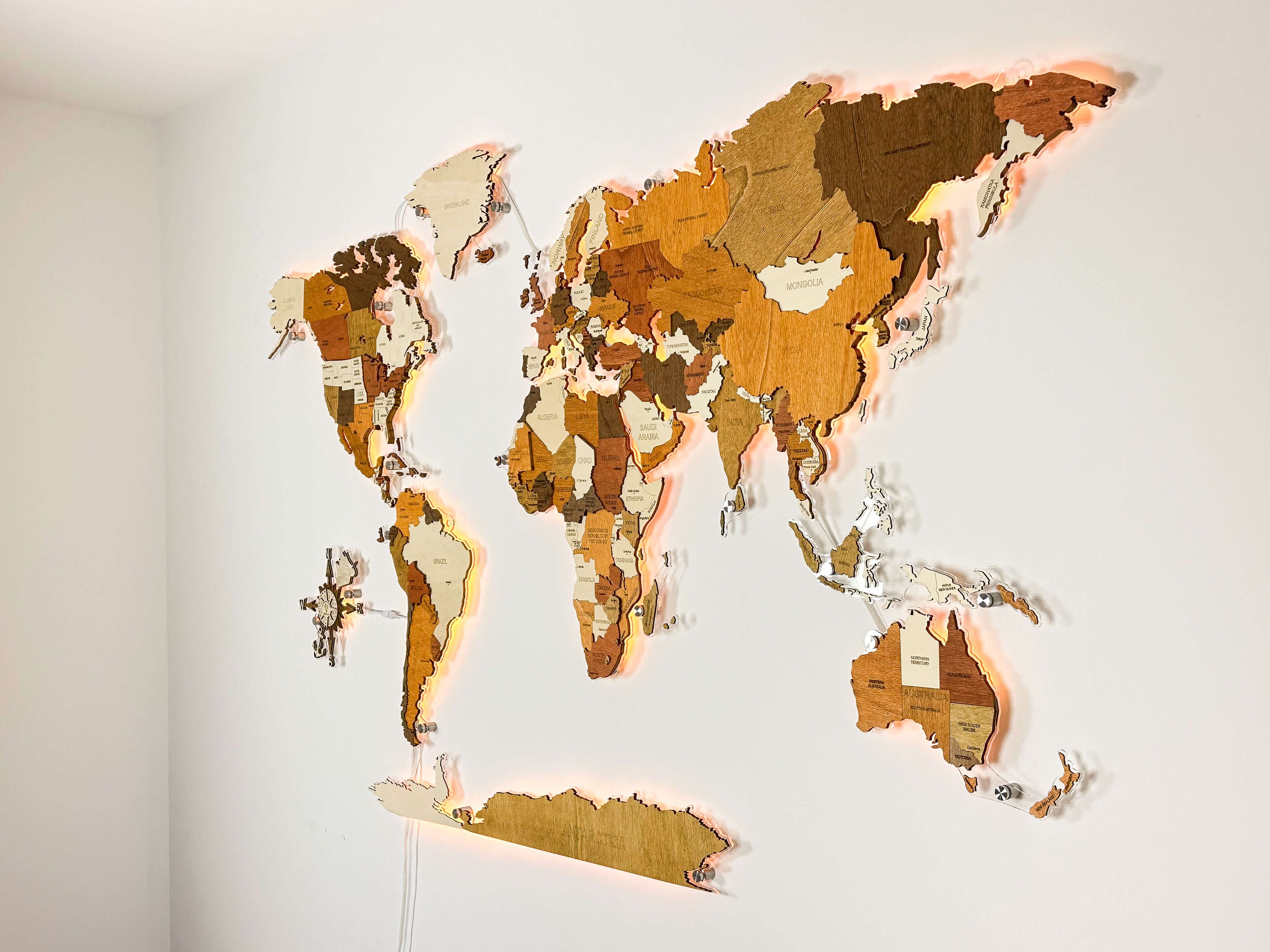 LED Backlight Wooden World Map Wall Decoration - Multilayer, Multicolor ...