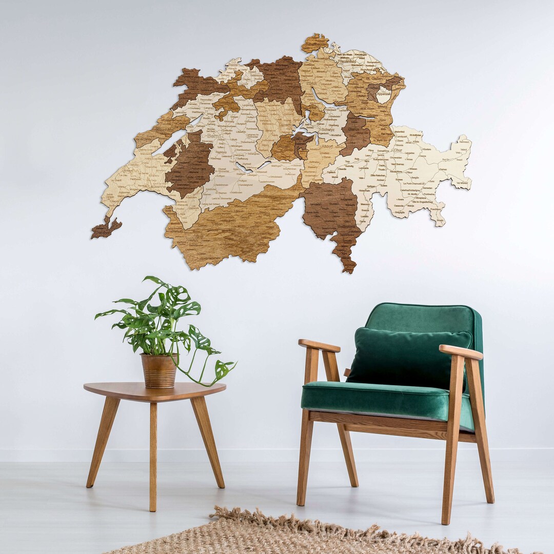 Wooden Map of Switzerland Wall Decoration, Very Detailed, Engraved ...