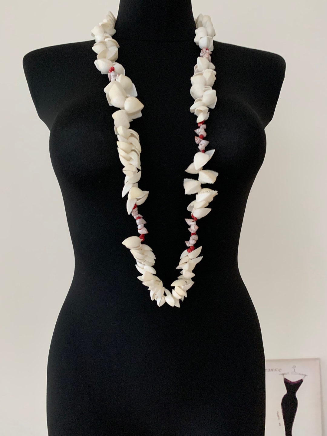 Long Shell Necklace Made of White & Red Shells Extra Long Seaside ...