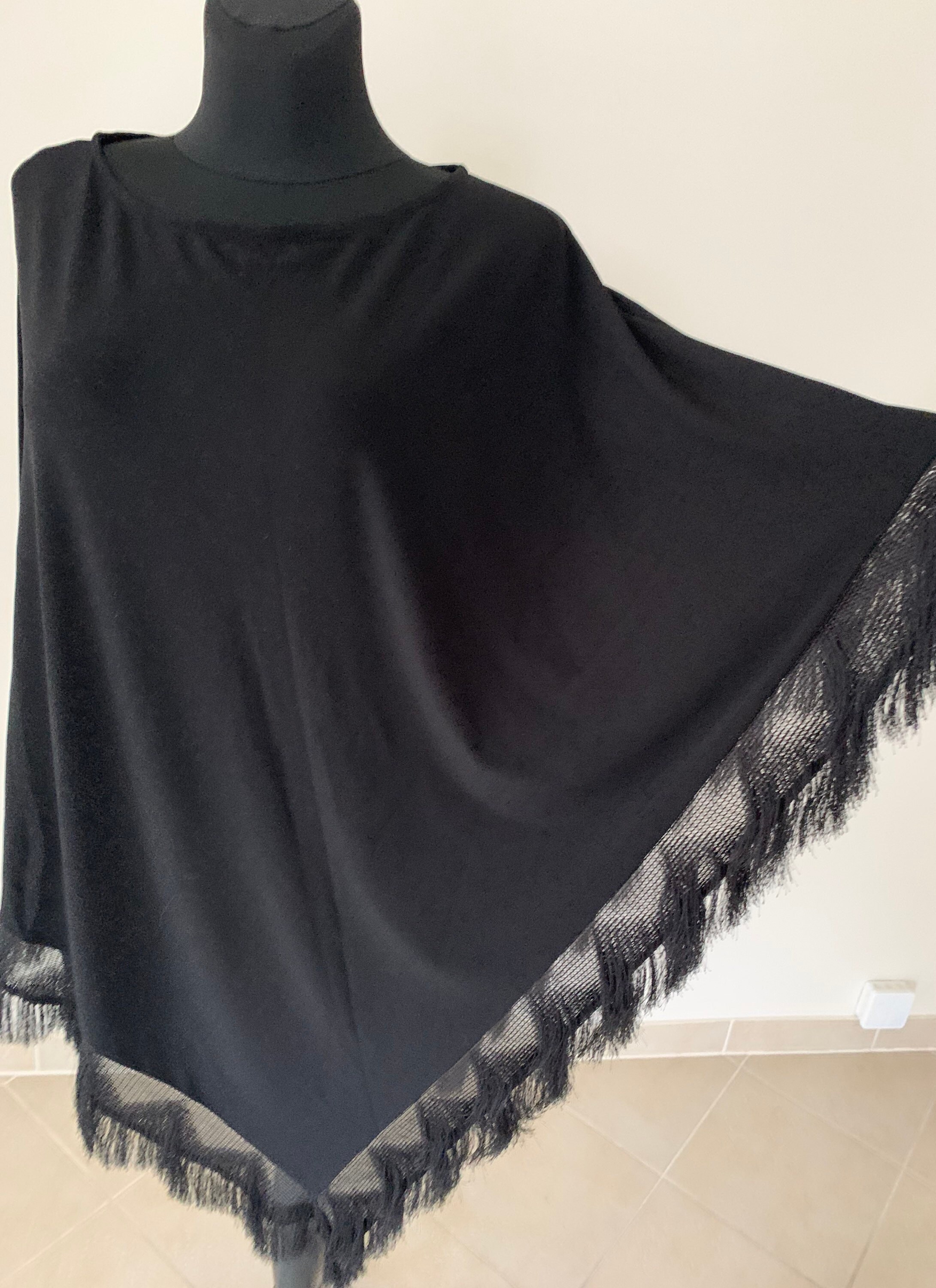 Luxury Black Cape With Tassels Womens Size S/M Black Thin Cape With ...