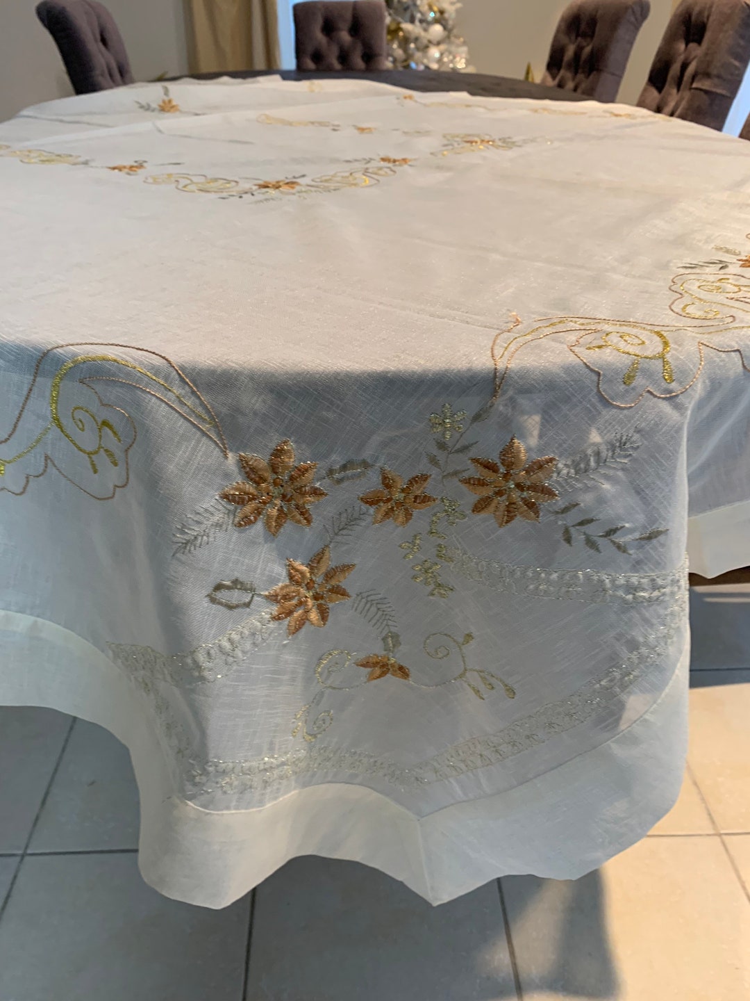 Vintage Beige Royal Tablecloth Ivory & Gold Holiday Tablecloth Large ...
