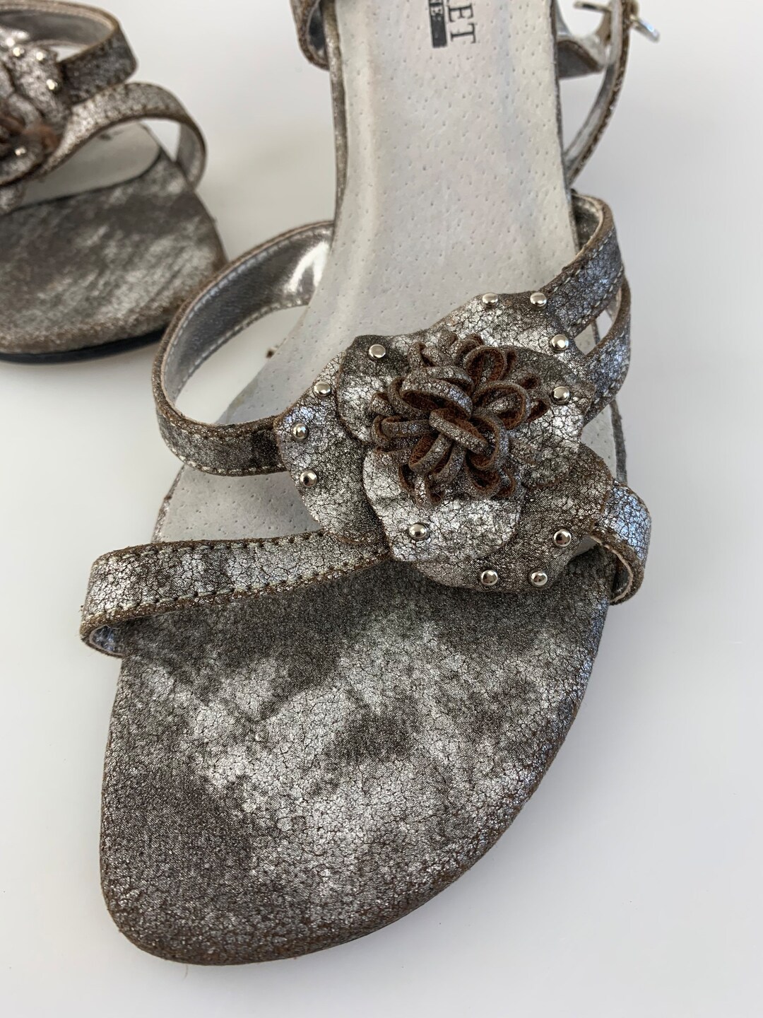 Silver Women's Heeled Sandals With Flower Ankle Strap Sandals Vintage ...