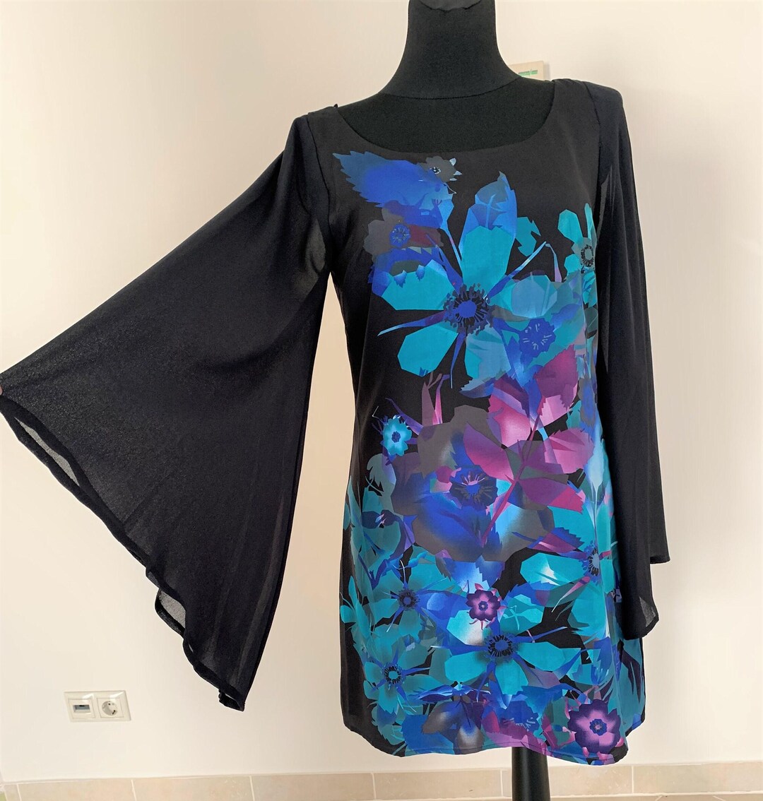 Vintage Oasis Tunic/dress Black Floral Tunic Evening Ornate Tunic Flare ...