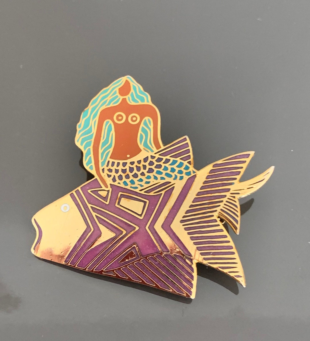 Vintage Laurel Burch Sea Goddess Brooch Enamel Mermaid Riding a Fish ...