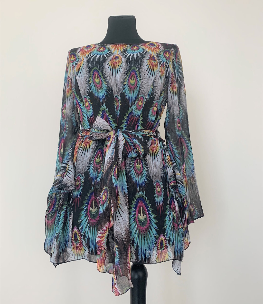 Long Sleeve Peacock Feather Print Shirt Extended Skirt Peacock Feather ...