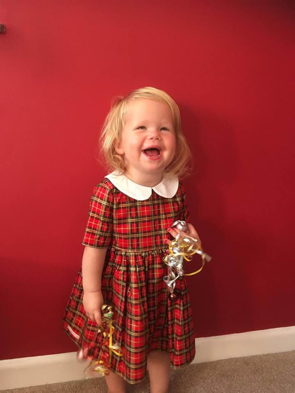 Girls Tartan Dress With Peter Pan Collar, Christmas Dress, Four Sleeve ...