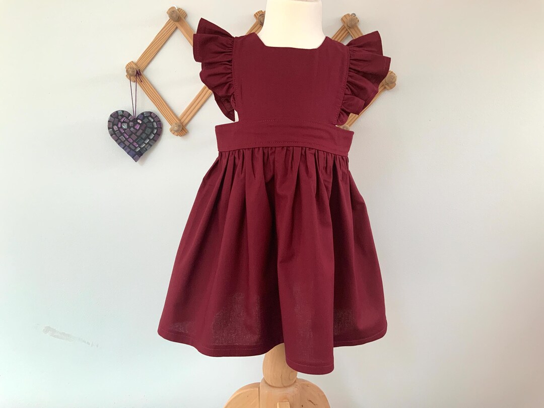 Girls Burgundy Pinafore Dress, Vintage Style With Flutter Sleeves, 0-10 ...
