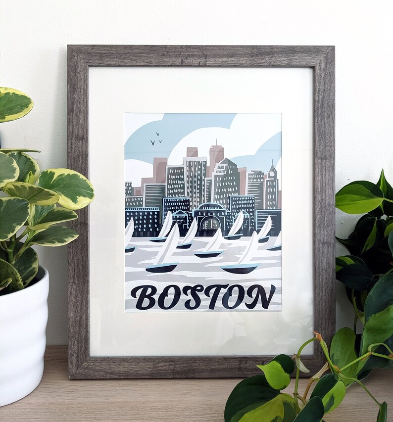 Boston Harbor Illustration Travel Poster | Etsy