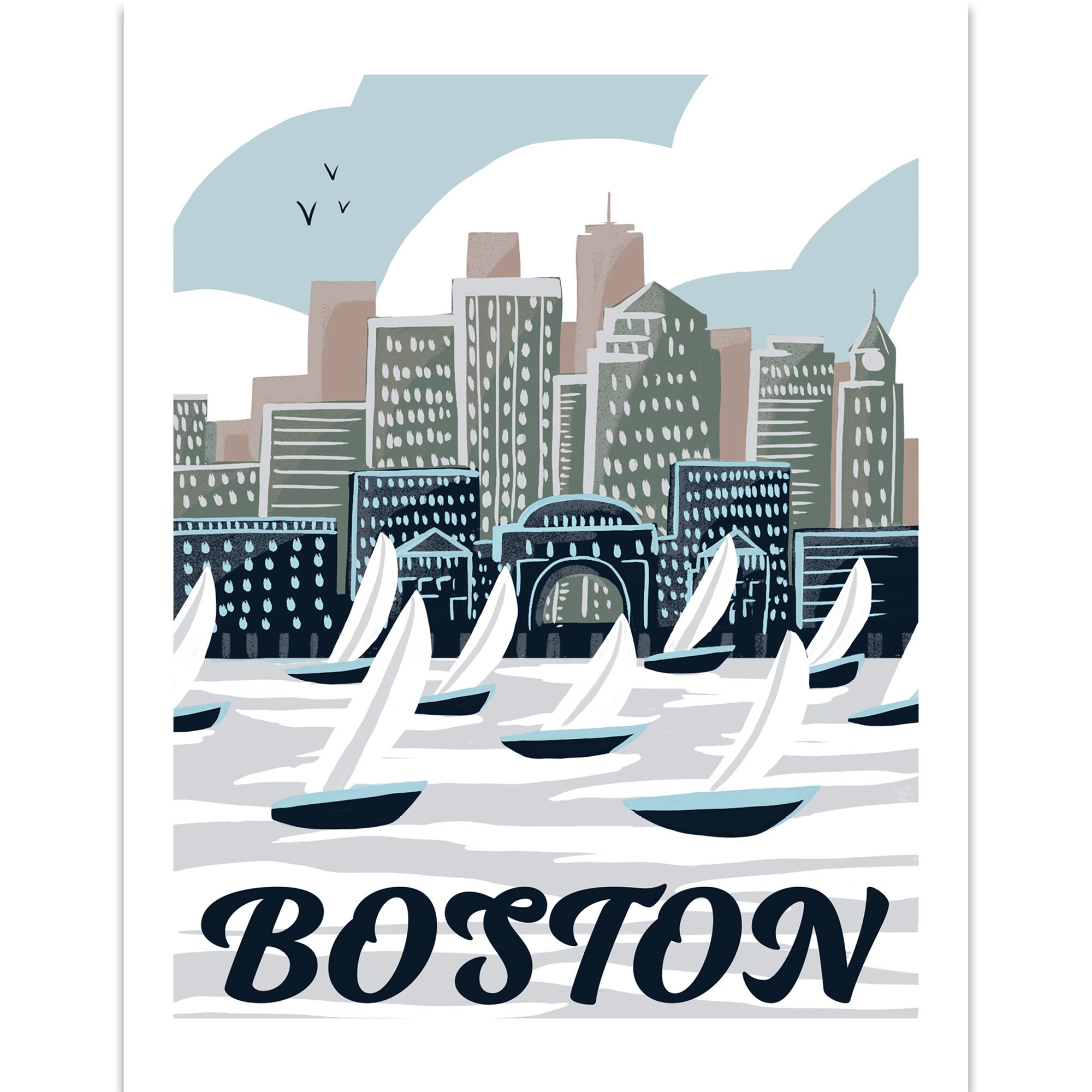 Boston Harbor Illustration Travel Poster | Etsy
