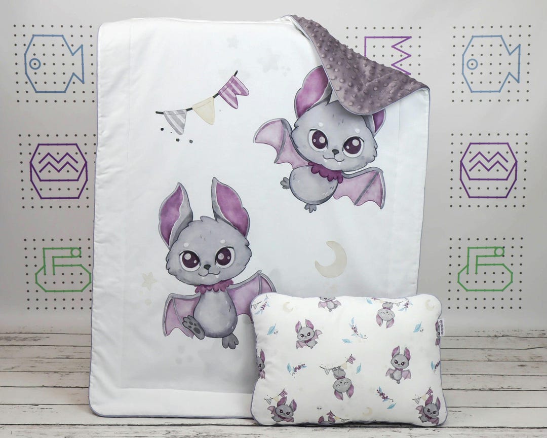 White Bats Baby Bedding Set – Cotton & Minky Blanket With Crib Pillow ...