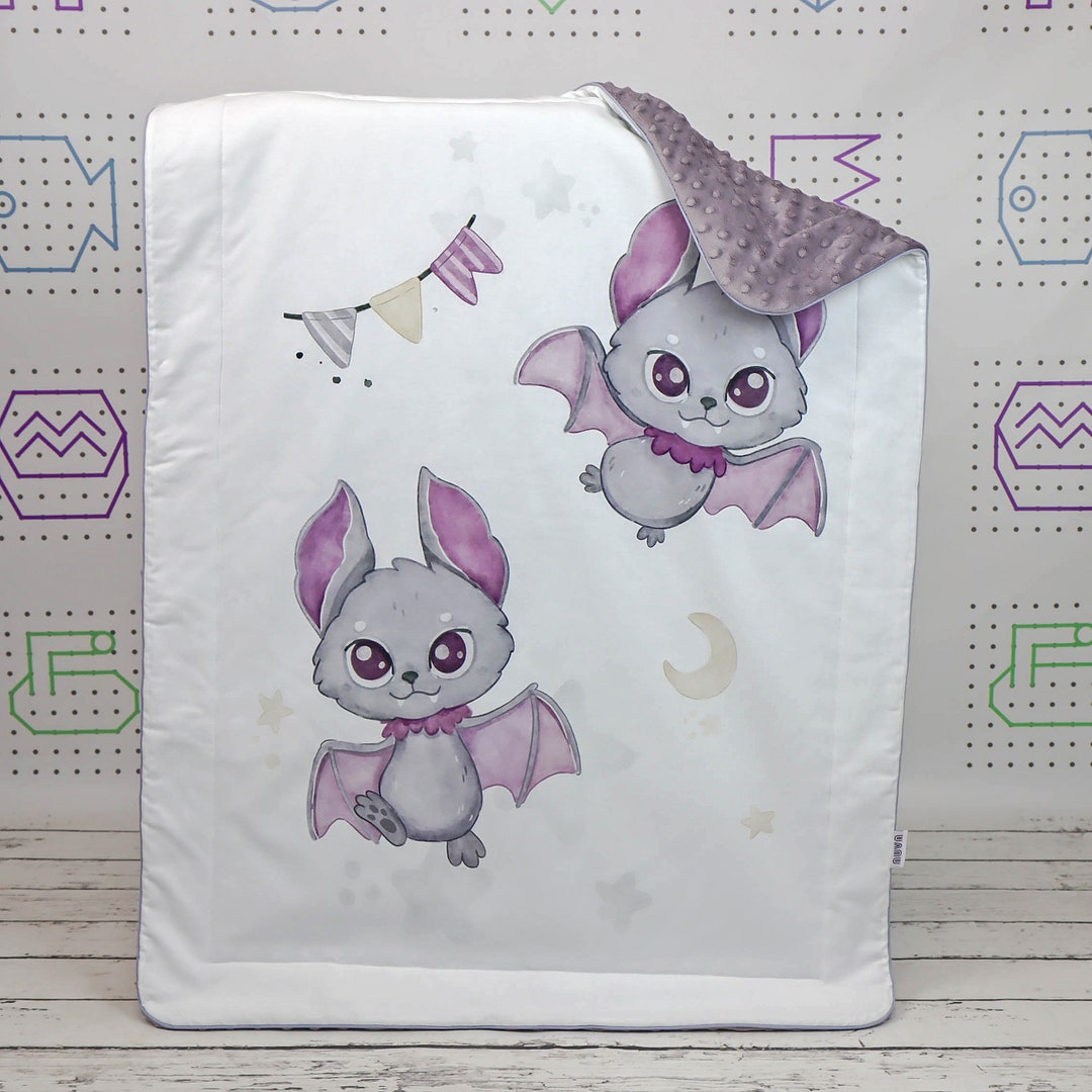 White Baby Bats Crib Blanket, Cute Vampire Bats Personalized Minky ...