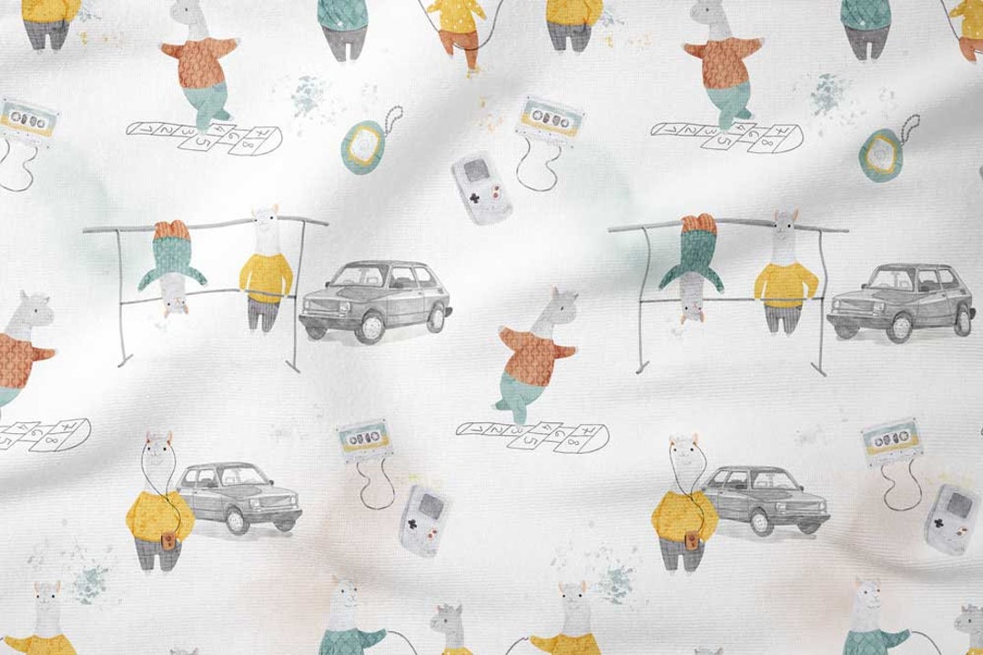 Retro Lama Cotton Fabric, Cassette Tape, Walkman, Game Boy, Premium ...
