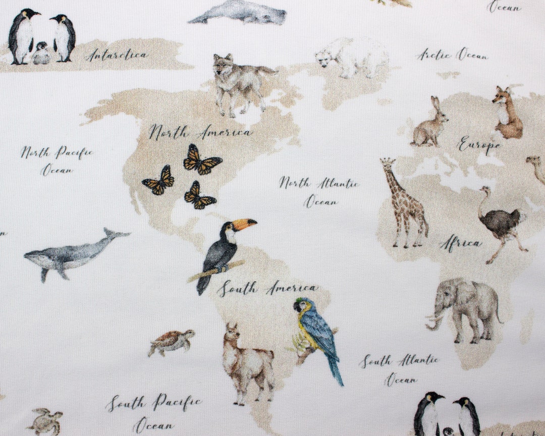 White World Map with Animals Stretch Knit Fabric, Travel Digital Print ...