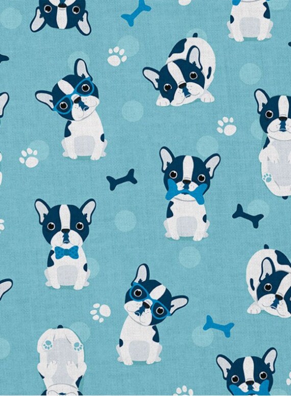 Blue French Bulldog Fabric