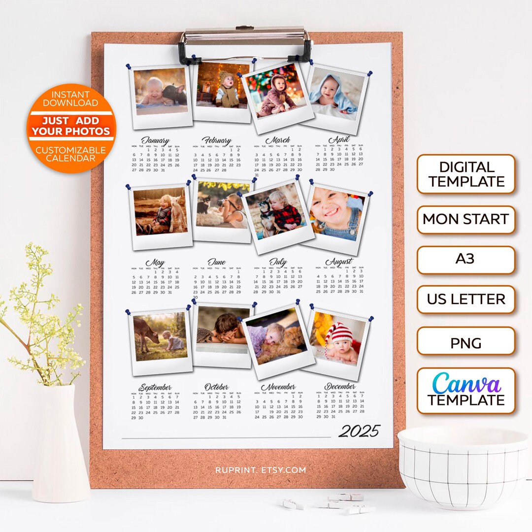 Photo Custom Yearly Calendar 2025, Editable Digital Template, Printable ...