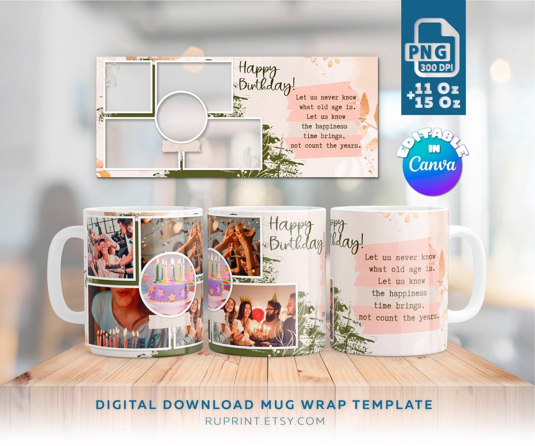 Happy Birthday Mug Template, Canva Editable Sublimation Mug Wrap ...