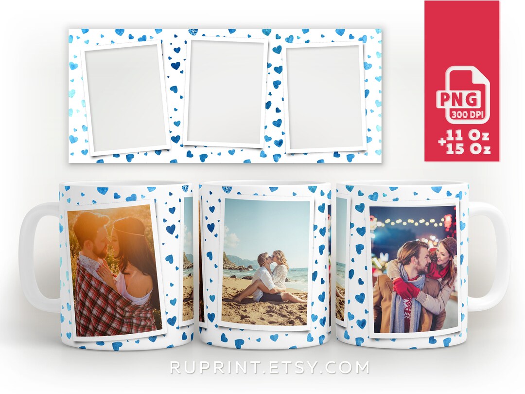 3 Picture Mug Template, Photo Coffee Mug Png Sublimation Design, Blue ...