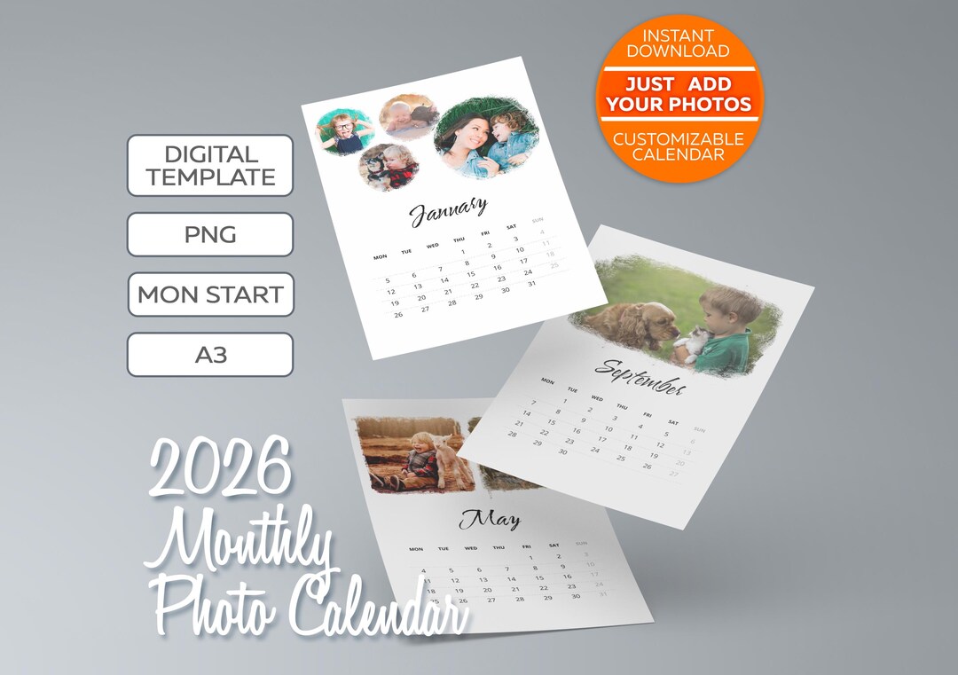 2026 Monthly Calendar, Custom Photo Editable Digital Template ...
