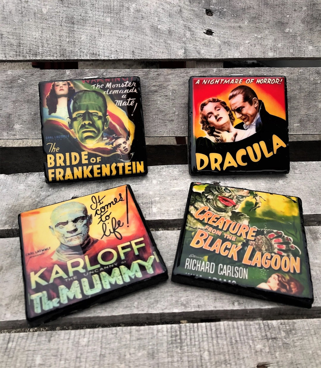 Handmade Set of 4 Wall Decor Resin Tile Wall Art ~ Horror Movies, Bride ...