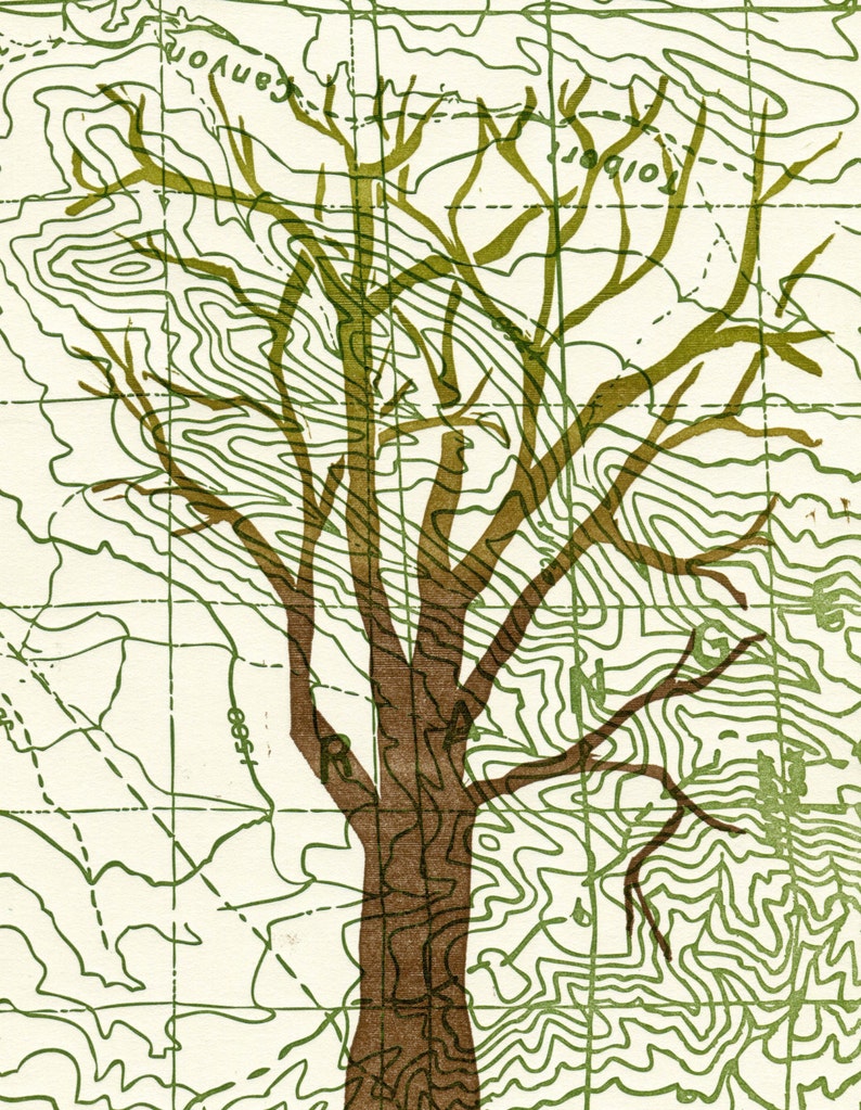 Topographic Map Tree Multi-color Linocut Print - Etsy