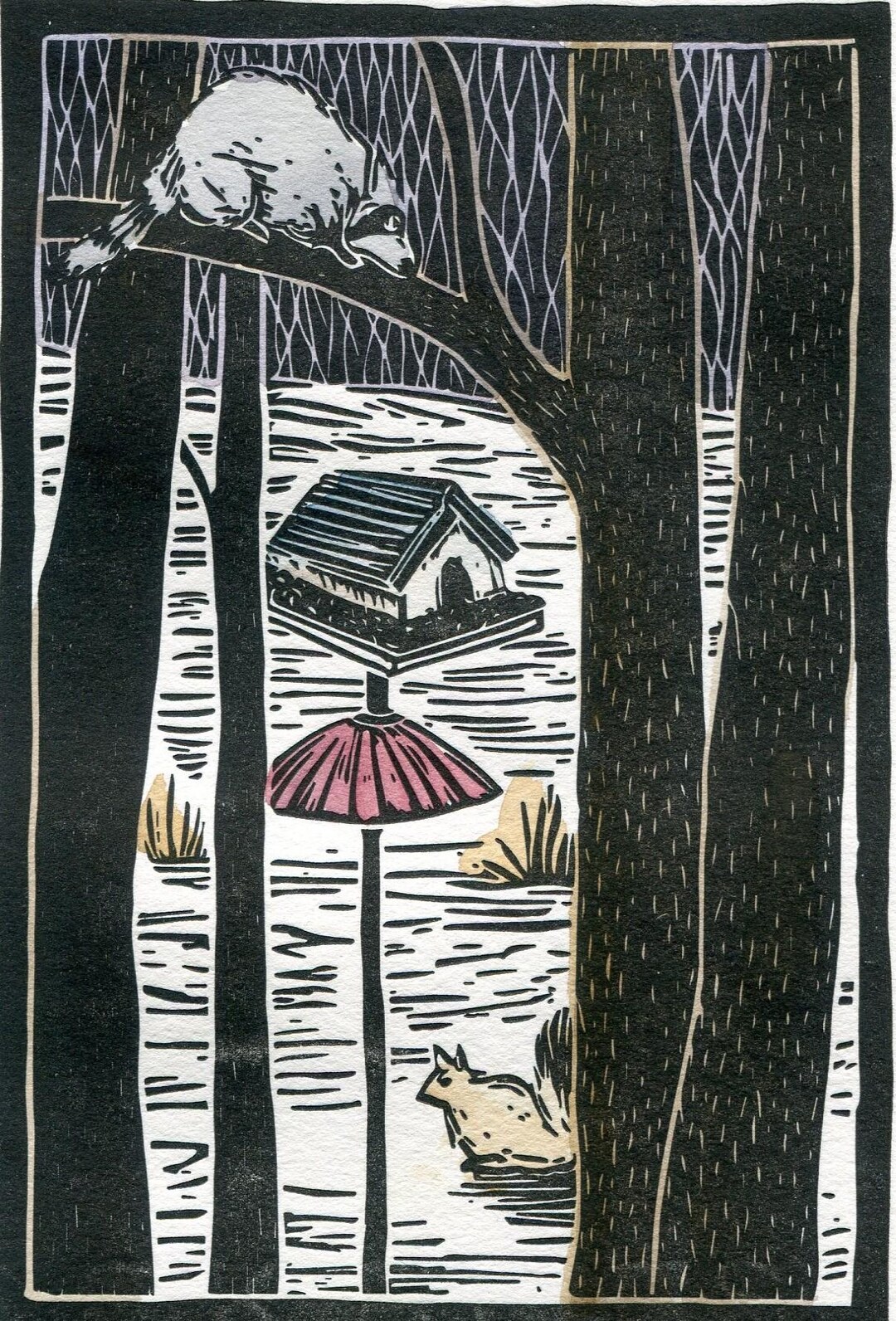 Woodland Animals Hand Painted Linocut Print - Etsy