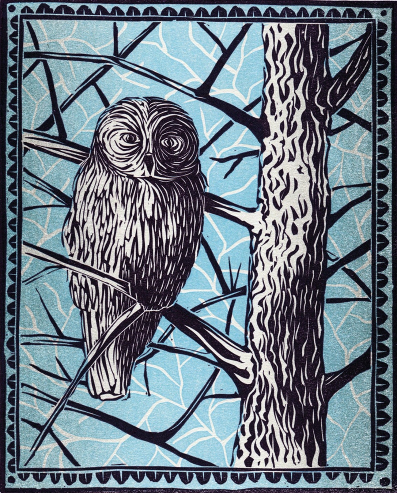Great Gray Owl Multi-color Linocut Print - Etsy