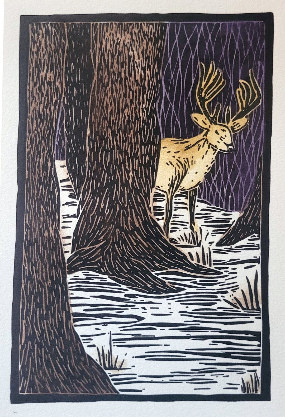 Deer at Dusk Hand-painted Linocut Print - Etsy