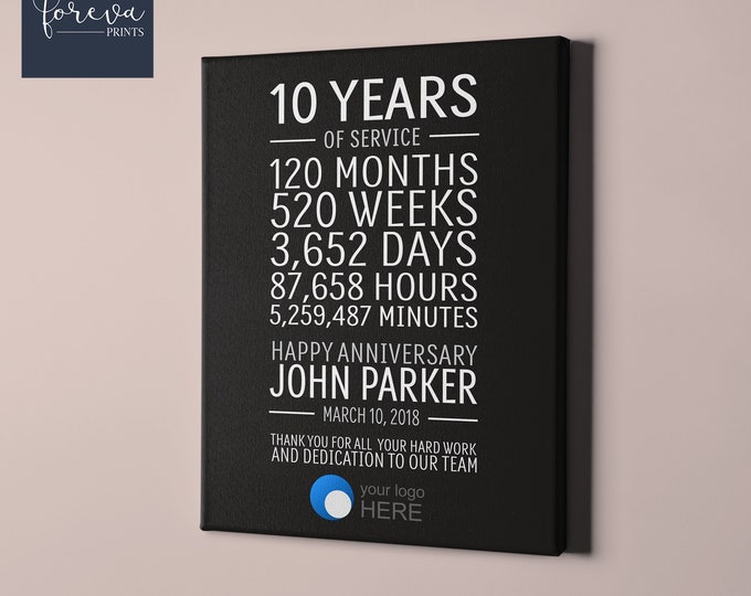 10 Year Work Anniversary Print, 10th Employee Anniversary Gift Idea ...