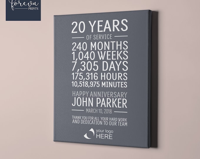 20 Year Work Anniversary Print, 20 Years of Service, Customizable ...