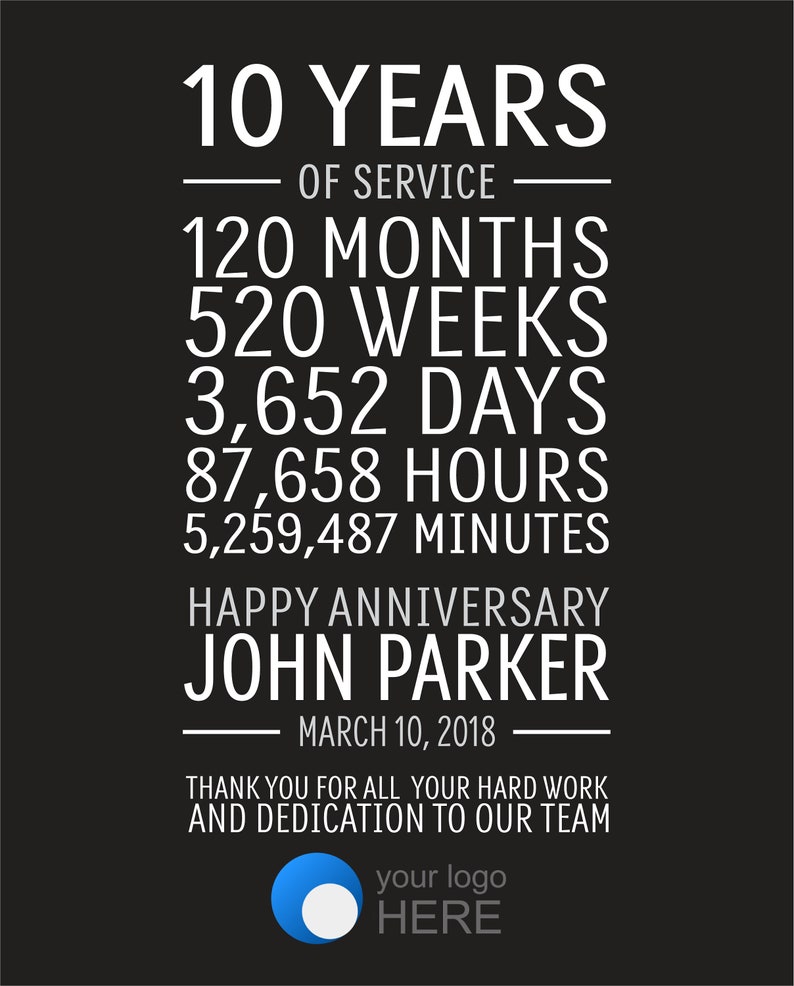 10 Year Work Anniversary Print, Employee Gift, 10 Years of Service ...