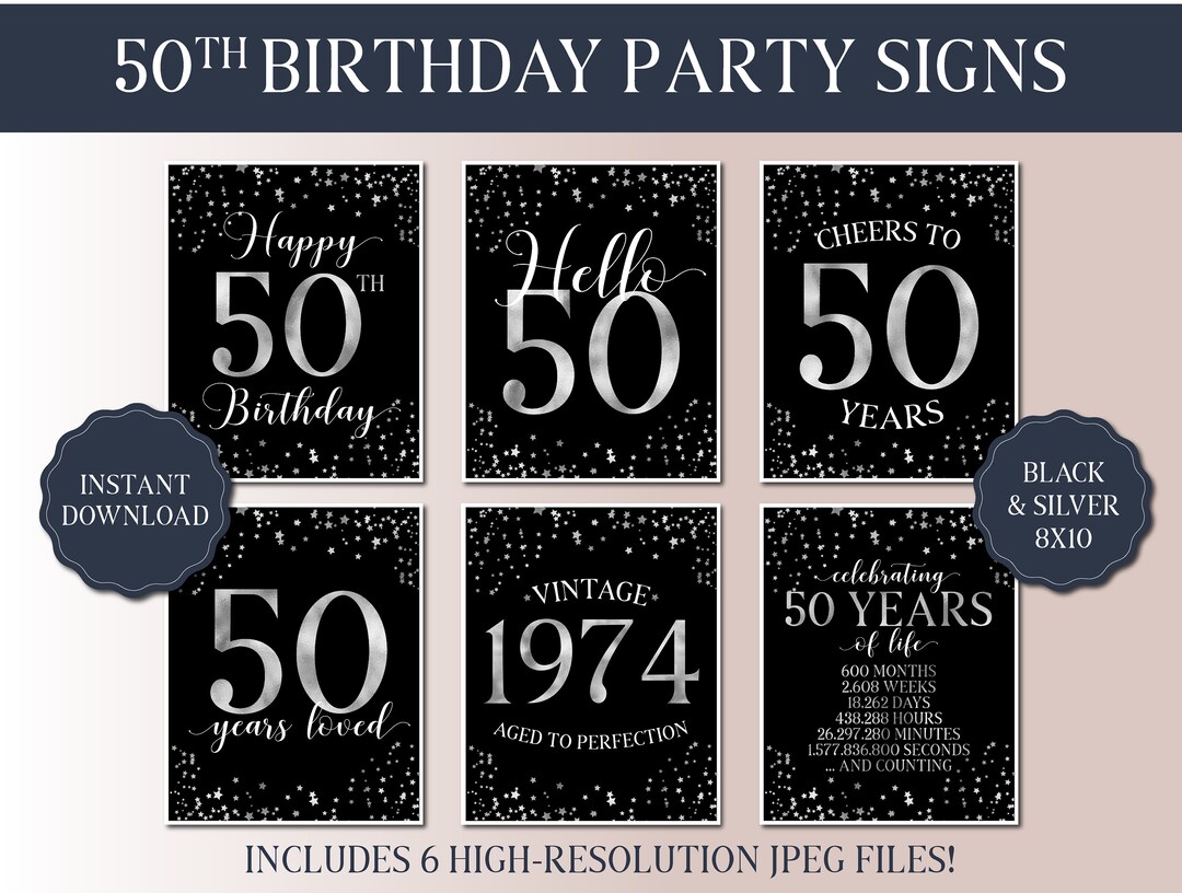 50th Birthday Signs Bundle Black and Silver Party 2024 Instant Download ...