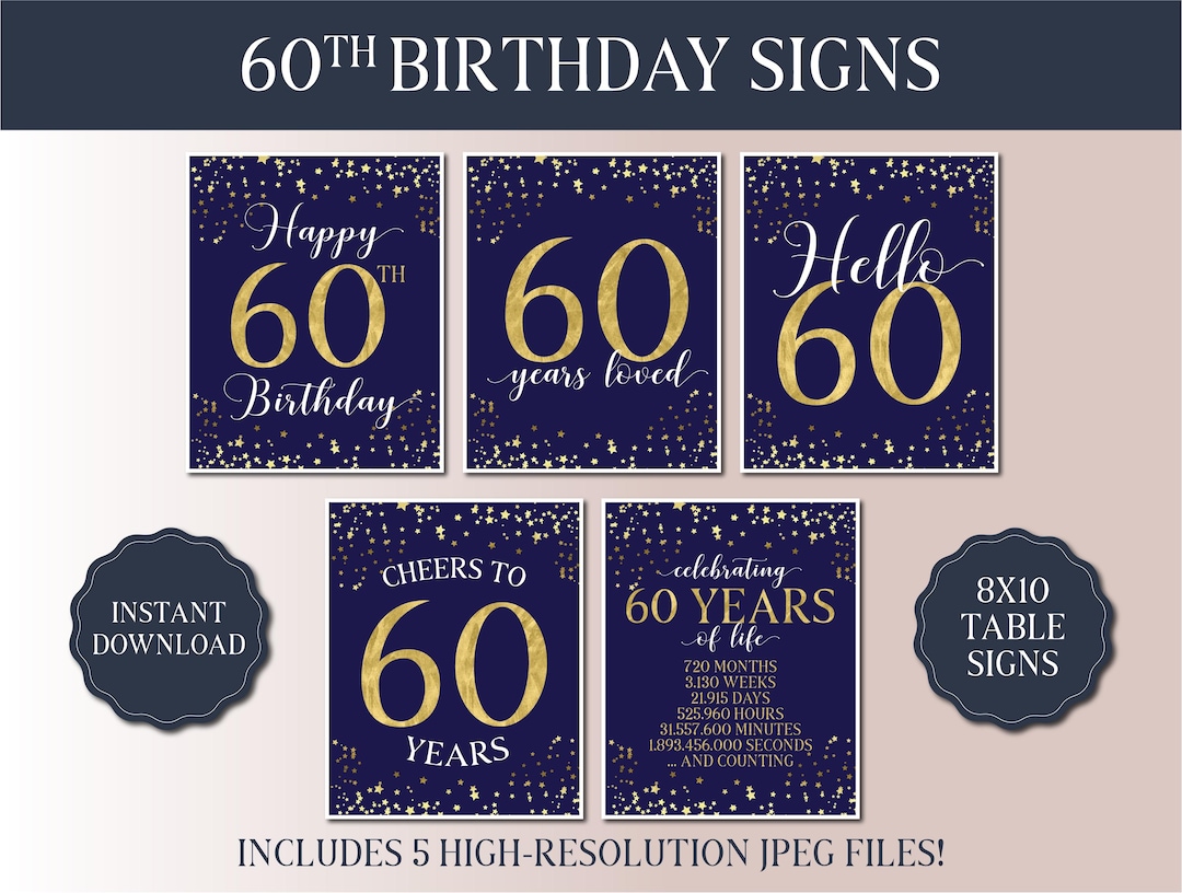 60th Birthday Signs Bundle - Navy and Gold Party 2025 - Instant ...