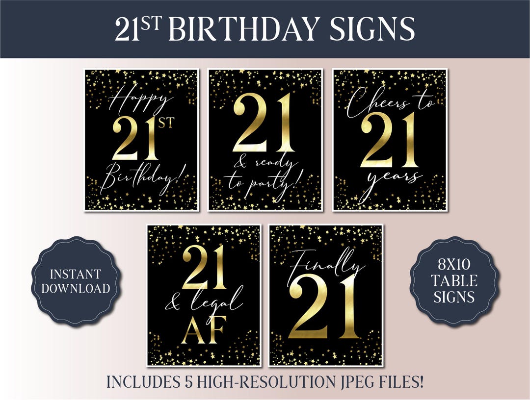 21st Birthday Signs Bundle - Black and Gold Party 2025 - Instant ...