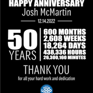 50 Year Work Anniversary - Custom Employee Recognition Gift Idea - 50th ...