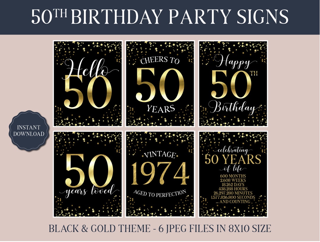 50th Birthday Signs Bundle Black and Gold Party 2024 Instant Download ...