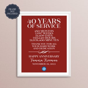40 Year Work Anniversary Print, Gift Idea, Customizable, Thank You Gift ...