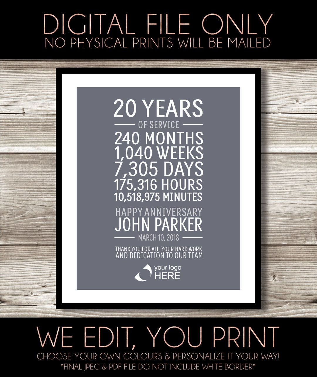 20 Year Work Anniversary Print 20 Years of Service - Etsy