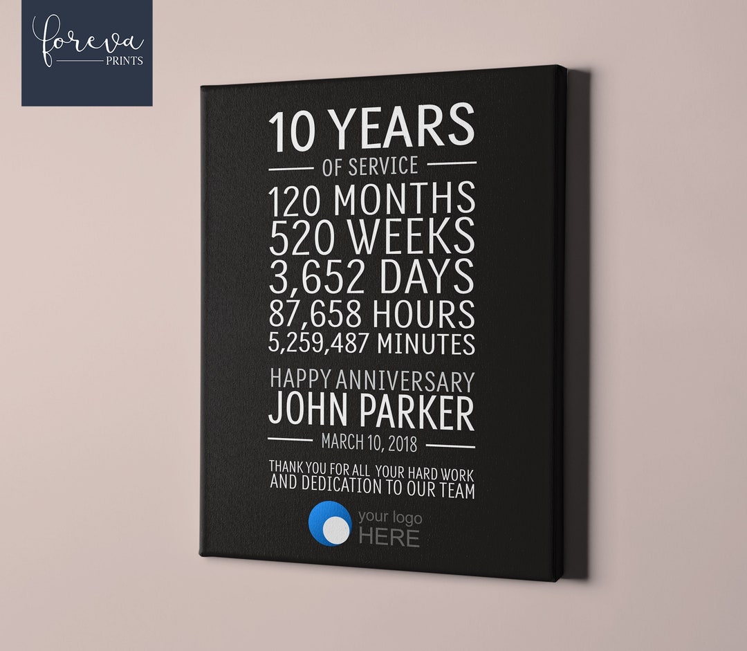10 Year Work Anniversary Print, Employee Gift, 10 Years of Service ...