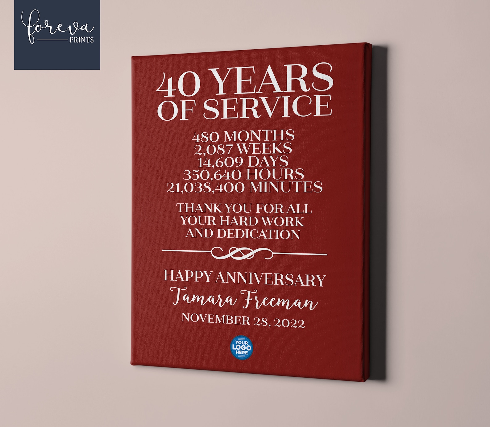 40 Year Work Anniversary Print, Gift Idea, Customizable, Thank You Gift ...