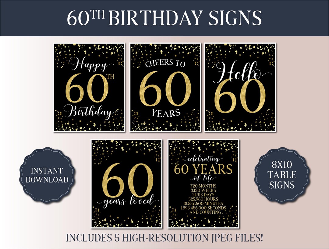 60th Birthday Signs Bundle - Black and Gold Party 2025 - Instant ...