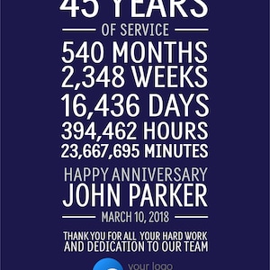 45 Year Work Anniversary - Custom Employee Recognition Gift Idea - 45th ...