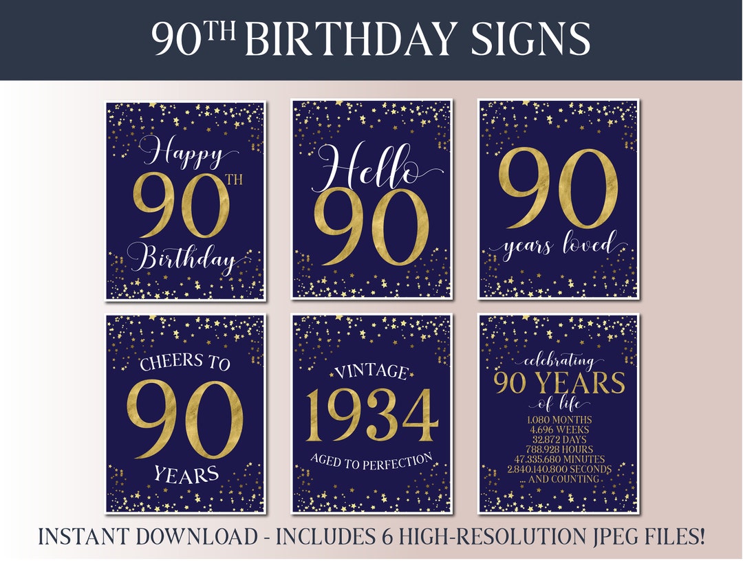 90th Birthday Decorations Set of 6 Navy and Gold Party 2024 Instant ...