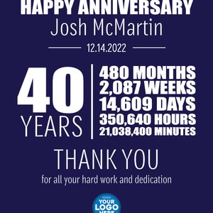 40 Year Work Anniversary - Custom Employee Recognition Gift Idea - 40th ...
